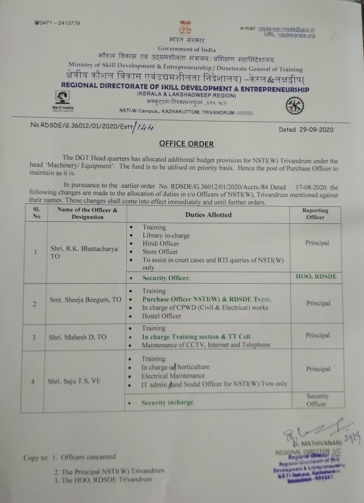 Allocation of duties Office Order signed on 29.09.2020 | National Skill Training Institute